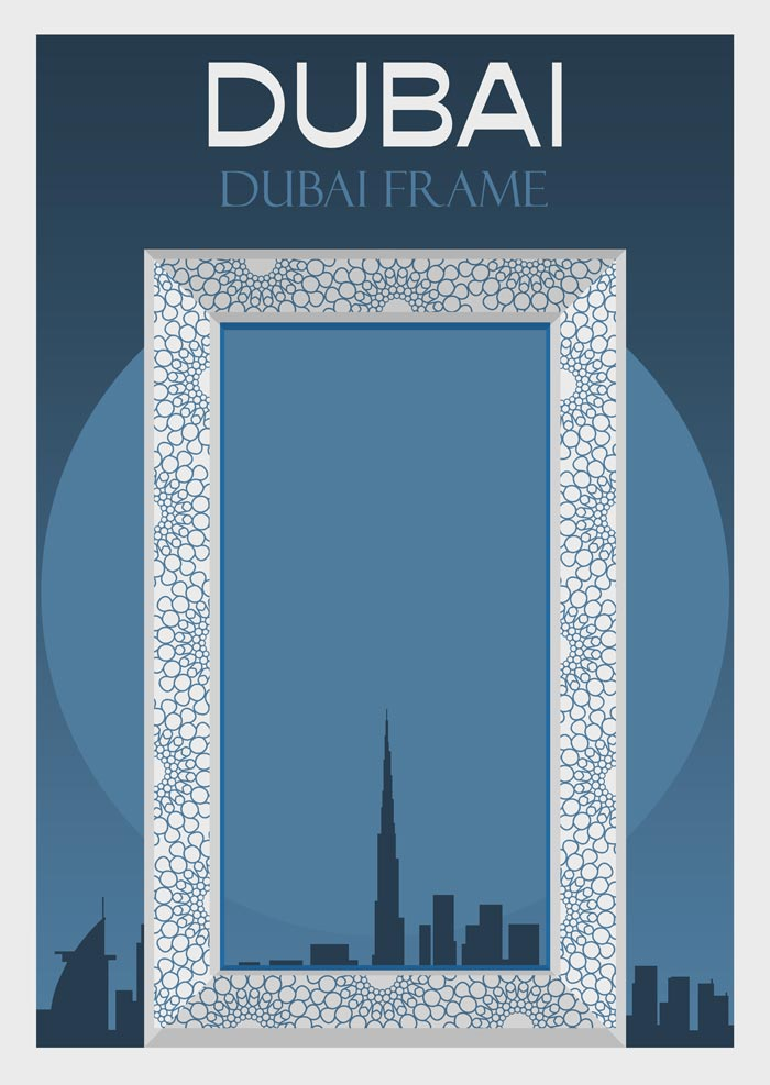Dubai Frame Illustration with Blue Color Background - Shop