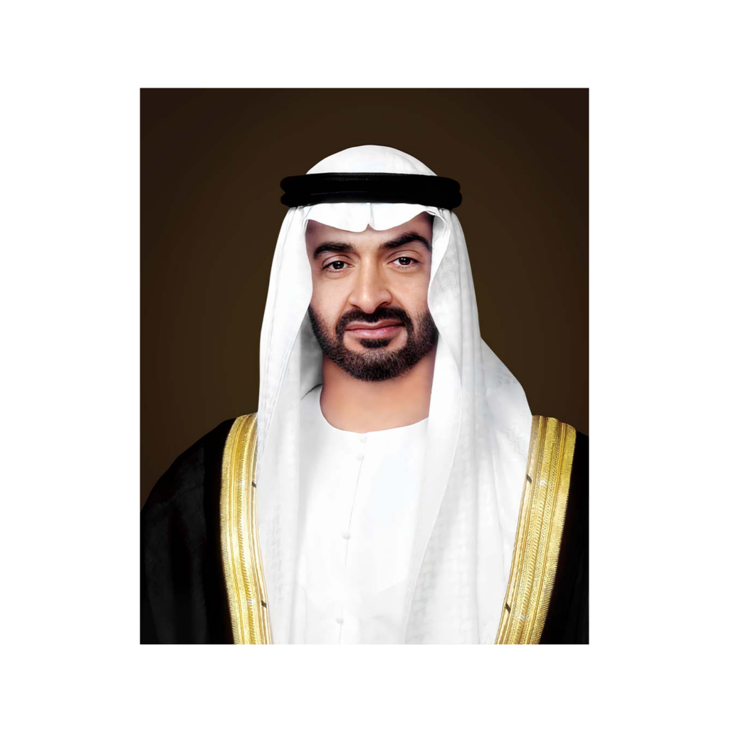 Official Portrait of His Highness Sheikh Mohamed Bin Zayed Al Nahyan with brown color background ...